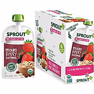 Sprout Organic Baby Food, Stage 2 Pouches, Fruit Veggie & Grain Blend, Mixed Berry Oatmeal, 3.5 Oz Purees (Pack of 6)
