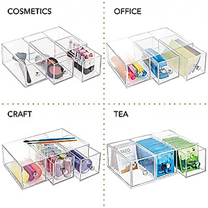 mDesign Plastic Kitchen Pantry Stackable Storage Organizer Container Station with 3 Drawers for Cabinet, Countertop, Holds Coffee, Tea, Sugar Packets, Creamers - Lumiere Collection - 4 Pack - Clear