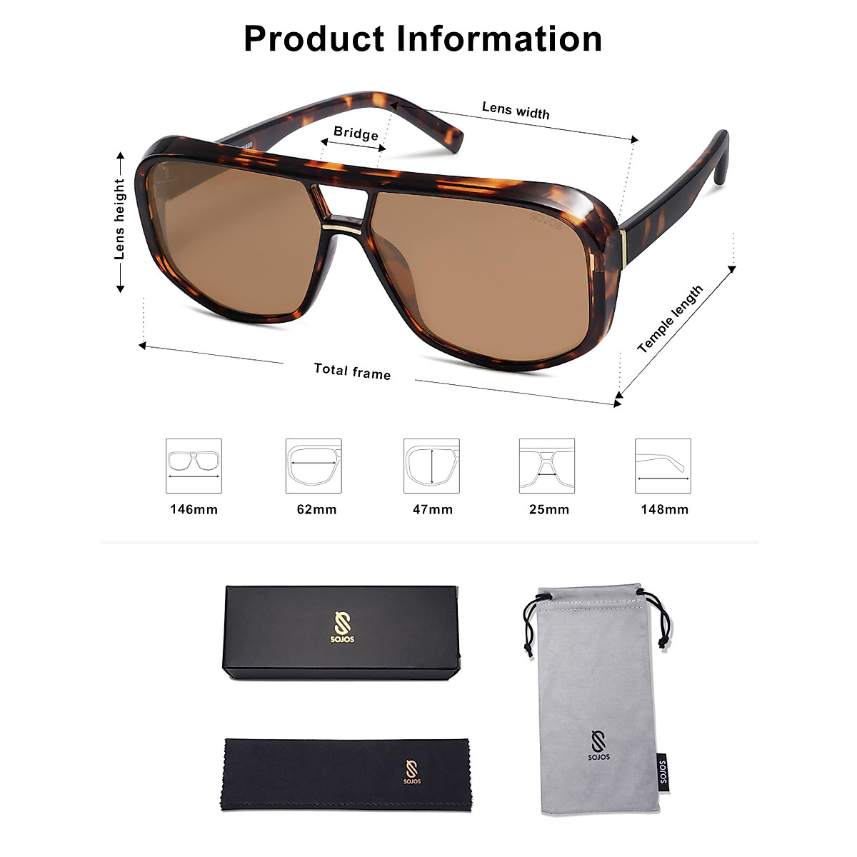 SOJOS Retro Aviator Sunglasses For Men Women Oversized Polarized Trendy Womens UV 400 Shades SJ2304 Tortoise Brown