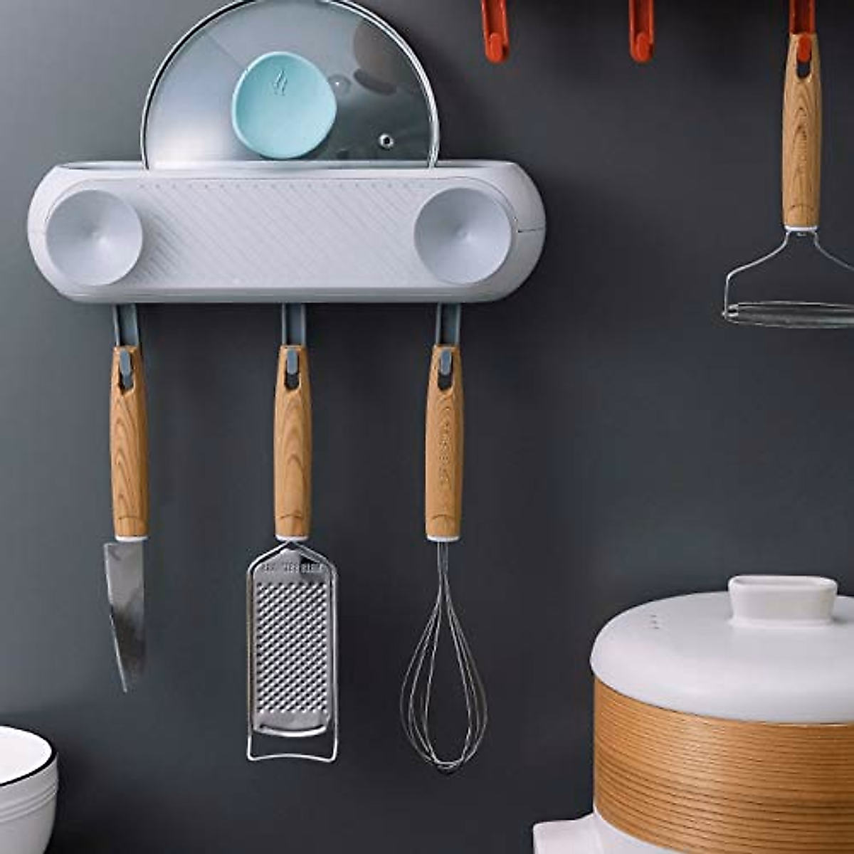 XJJZS Pot Lid Cutting Board Storage Rack Wall Hanging Pot Lid Rack with Hooks Kitchenware Organizer Kitchen Hooks Home Tools (Color : A)