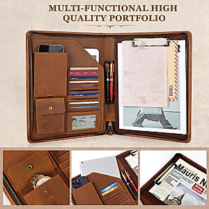 Full Grain Leather Portfolio Binder, Padfolio Business Resume Legal Pad Notebook Binder for A4/Pad, Folio Leather Folder, Tablet Padfolio for iPad, Portfolio Organizer with Zipper for Women/Men