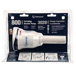 Attwood 4650-7 Tsunami T800 Aerator Pump, 800 GPH, 12-Volt, 3 ½-Inch Long Inlet, Threaded ¾-Inch Diameter Outlet, 29-Inch Wire