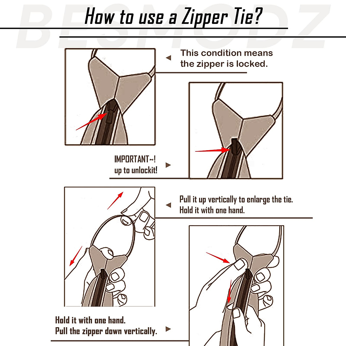 BESMODZ Zipper Ties for Men Clip on Ties Men's Zip Up Lot 6P Classic Adjustable Easy Pretied Solid Color Necktie Set