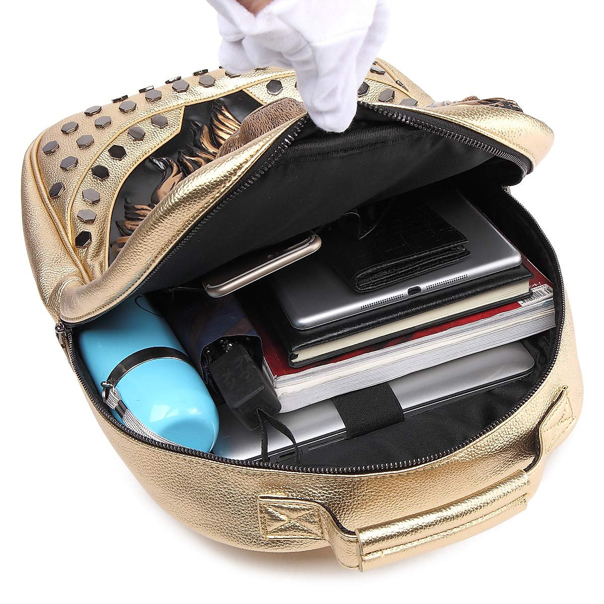 GUQIMEI Mens 3D Lion PU Emboss Rivet Punk Backpack Rock Personality Laptop Bag Creative Travel Leisure, Gold, One Size