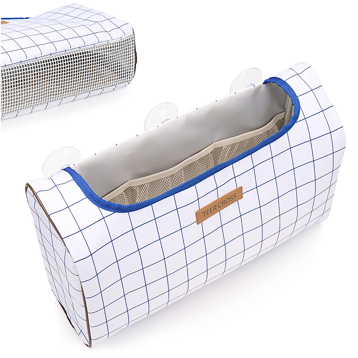 Large Bath Toy Storage with A Quick Dry Mesh Base. Sturdy Bath Toy Holder with 3 Strong Suction Cups. The Bath Toy Organizer Keeps Your Bathroom Tidy. Bathtub Toy Holder (Blue Check)