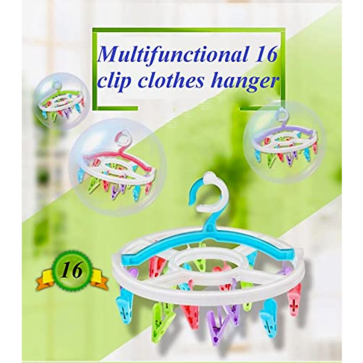 Newraturner Clothespin Rack Laundry Drying Rack,Clothes Hangers with 16 Clips,Clip Hanger Drip Hanger for Drying Underwear,Towel,Baby Clothes,Hat,Scarf,Socks,Bras,Pants,Cloth Diapers,Gloves