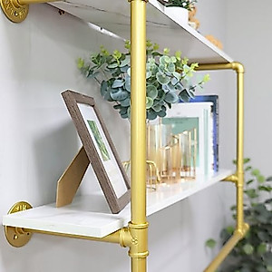 MOUTIK Wall Clothing Rack Gold - 46" Long Industrial Pipe Garment Rack with 2 Tier Shelves, Heavy Duty Iron Clothes Rod Retail Display for Bedroom, Laundry