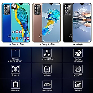 4G Smartphone Unlocked, Note30 Ultra 7.5 in, High Definition Screen, 2GB/16GB Cell Phones Unlocked New, Android 10 6800mAh Dual SIM Dual Standby Gaming Smartphone, Senior Cell Phone-(Rose Gold)