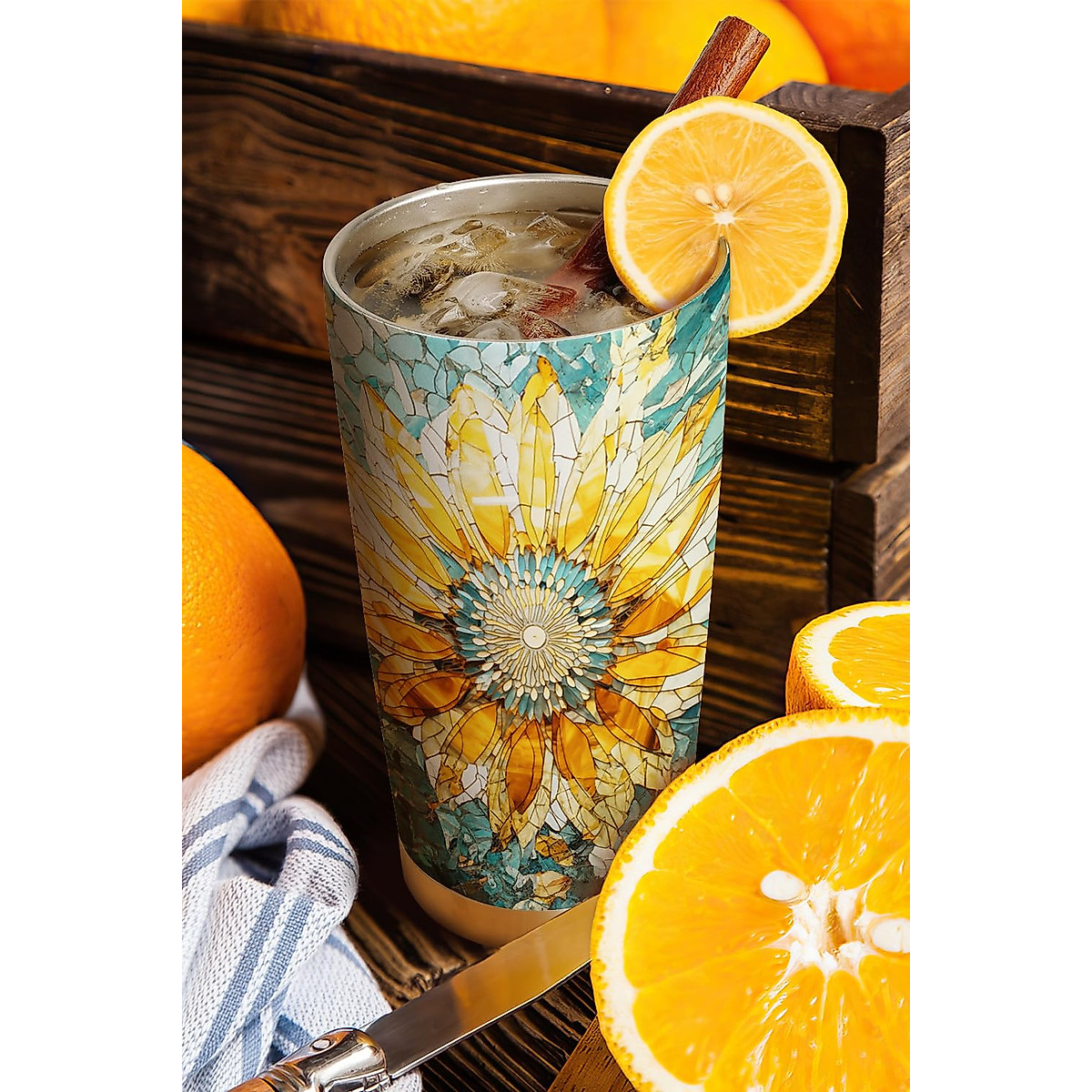 ORCAE 20oz Beautiful Colorful Daisy Flower, Stained Glass Style Flowers, Yellow White Flower Tumbler Cup, Insulated Travel Mug with Lid, Coffee Thermos for Men, Women, Gifts for Women - K