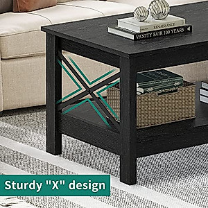 YITAHOME Coffee Table for Living Room,Modern Farmhouse Coffee Table with Storage,2-Tier Center Table for Living Room Wood Living Room Table Accent Cocktail with Sturdy Frame,Black
