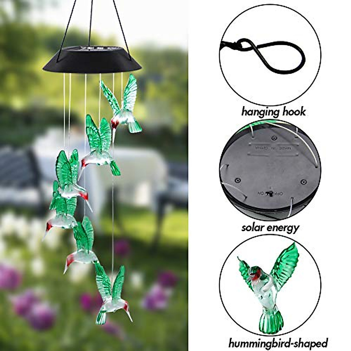 MorTime 2 PACK Solar Hummingbird Wind Chime, Color Changing Mobile LED Solar Wind Chime Outdoor Mobile Hanging Patio Light, Porch, Deck, Garden Decor