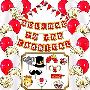 Carnival Circus Party Decorations Supplies Kit | "Welcome To The Carnival" Banner | Carnival Circus Photo Props | Red & White Striped Pennant Banner Flags | 10 White 10 Red & 10 Gold Confetti Balloons