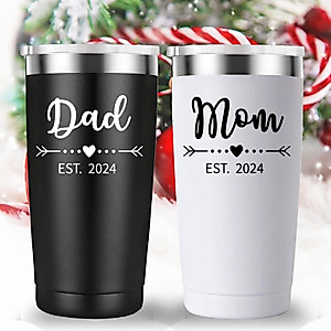 Dad and Mom Est 2024 Travel Mug Tumbler.New Parents Pregnancy Gifts.Fathers Day Mothers Day Anniversary Birthday Christmas Gifts Ideas for New Mom Dad.Parents to Be Baby Shower Gifts(20oz Black&White)