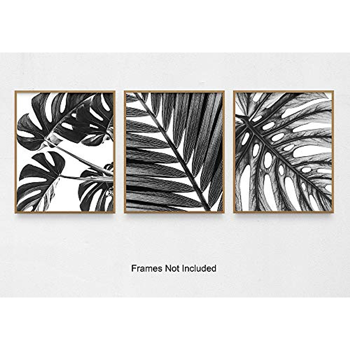Grey Tropical Leaf Botanical Wall Art 3 Piece Print Set 8x10 Unframed Black and White Monstera and Palm Leaves for Bathroom, Bedroom Home Decor Idea