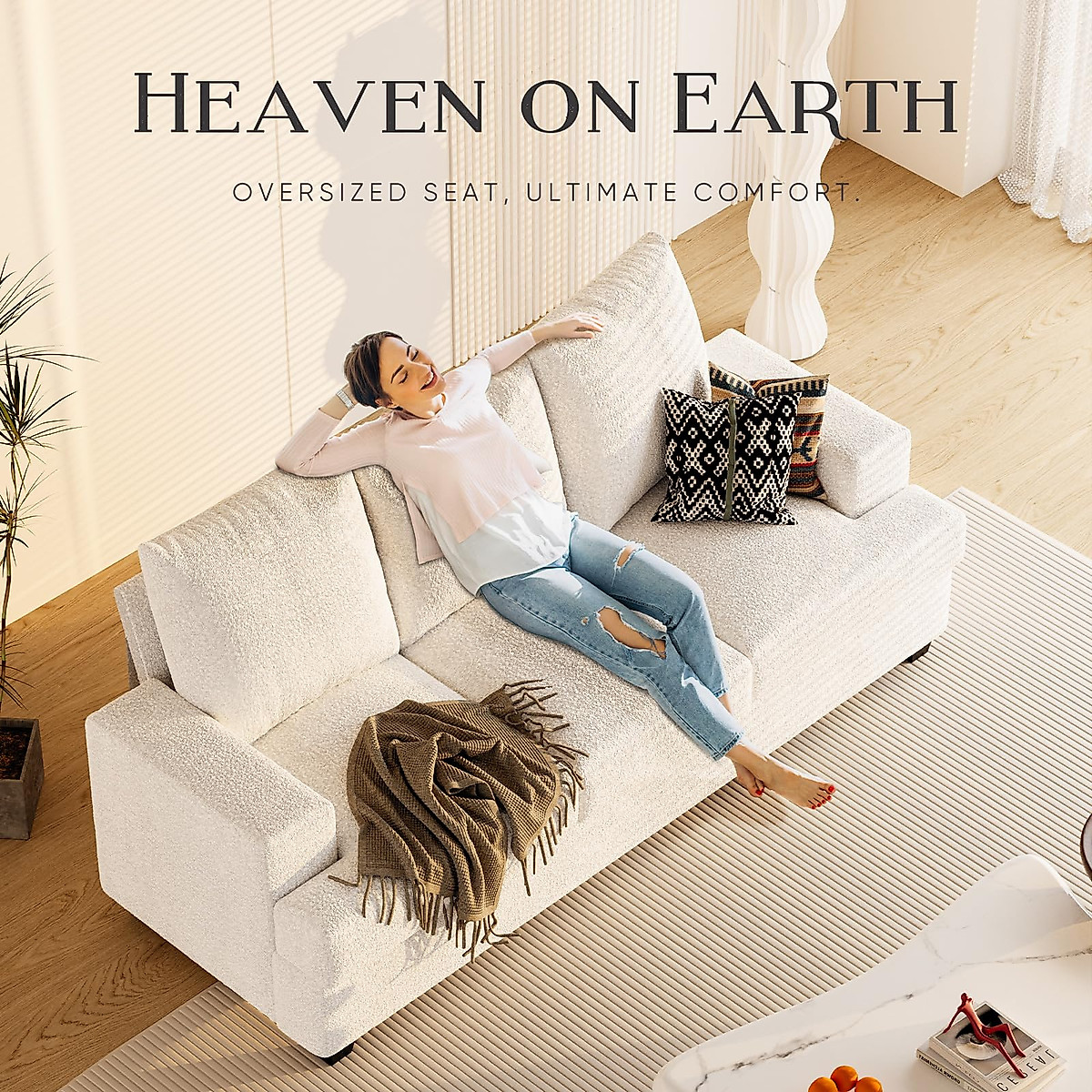 Zelimon Couches for Living Room, 89" Sofa Couch with Extra Deep 3 Seats, Tool-Free Setup Sofa Bed, Modern Cotton Chenille Fabric Sleeper Sofa for Small Spaces, Living Room, Bedroom, Apartment, Beige