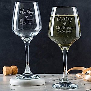 Hubby Wifey Wine Glasses for Bride Groom - Personalized Wedding Gifts for the Couple Newlyweds - Engraved toasting Goblet Pair Set of 2 with Stem