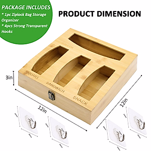 POBIDOBY Storage Bag Organizer Ziplock Bag Storage Baggie Organizer Dispenser for Kitchen Drawer with 4pcs Hooks, Bamboo Organizer Compatible with Gallon, Quart, Sandwich & Snack Variety Size Bags