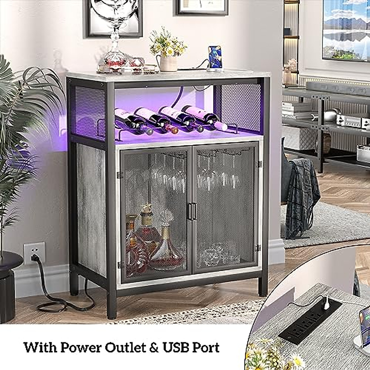 Unikito Wine Bar Cabinet with RGB Light and Outlet, FreeStanding Wine Rack Table, Liquor Cabinet with Glass Holder, Floor Bar Cabinet for Liquor and Glasses for Home Kitchen Dining Room, White Oak