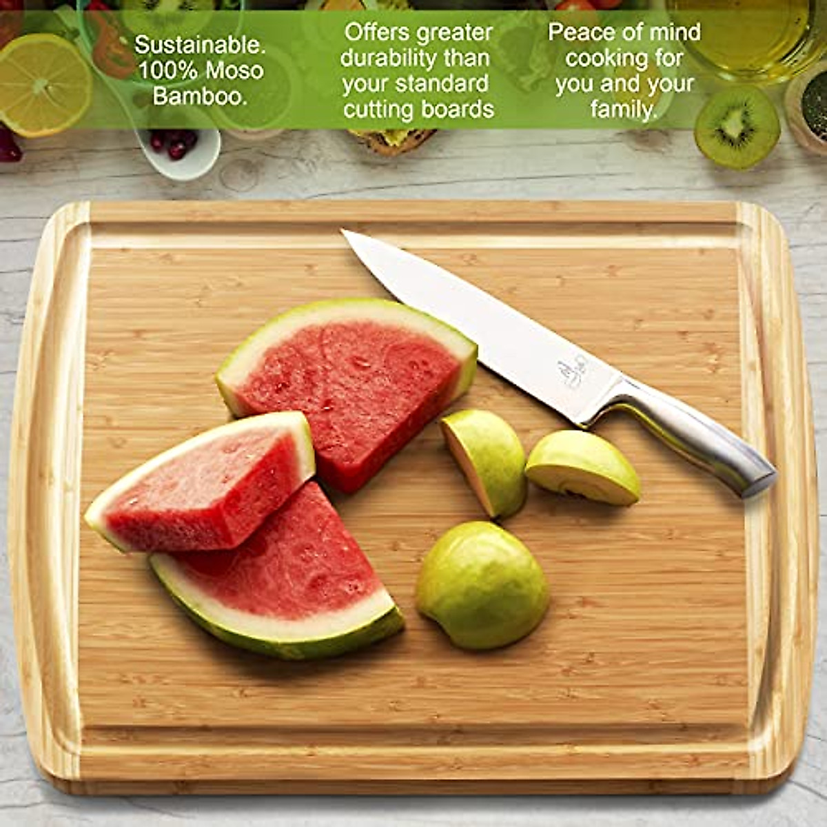 GREENER CHEF 15 Inch Medium Cutting Board with Lifetime Replacements, Bamboo Cutting Boards for Kitchen, Butcher Block, Medium Wooden Chopping Board for Meat, Veggies, Non Toxic Charcuterie Board