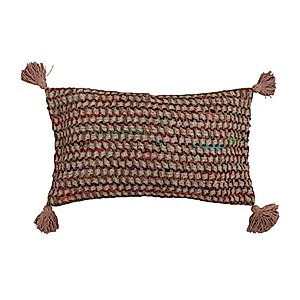 Creative Co-Op Woven Cotton Blend Lumbar Tassels and Chambray Back Pillow, 24" L x 14" W x 2" H, Multicolor