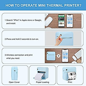 Augot Mini Printer and 6 Rolls Thermal Printer Paper Roll, Bluetooth Pocket Thermal Printer Inkless Portable Sticker Printer, 57mm x 30mm Sticker Printer Paper Roll Monochrome for 200dpi Mini Printer