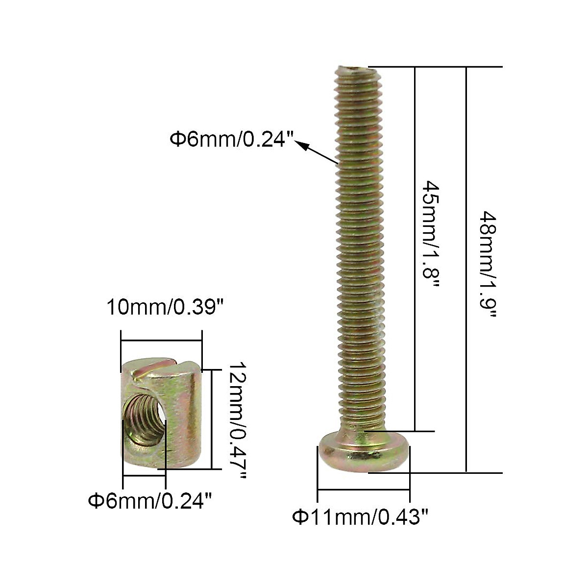 Eilumduo 20 Sets Crib Screws and Bolts, M6 x 45mm Zinc Plated Hex Socket Head Cap Screws Bolt Nuts, Barrel Bolt Nuts Hardware Replacement Kit for Furniture Cots, Beds Crib, Chairs (Slotted Barrel Nut)
