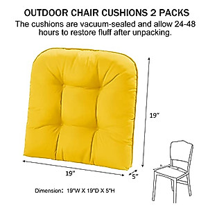 downluxe Outdoor Chair Cushions, Waterproof Tufted Overstuffed U-Shaped Memory Foam Seat Cushions for Patio Funiture, 19" x 19" x 5", Yellow, 2 Pack