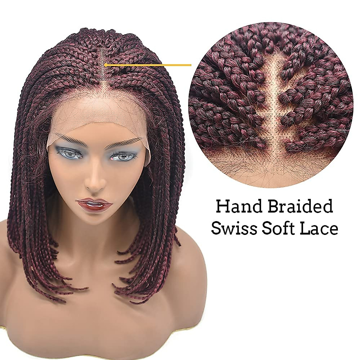 Curve Hair 3“X3.8 Realistic Hand Tied Lace Front Box Braids Glueless Wig for Women Premium Quality Synthetic Lightweight Twist BOB Braided Wigs with Baby Hair Black Mix Wine Red Color (#1B/99JT)