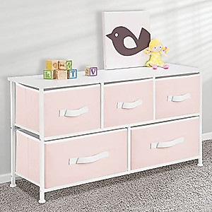 mDesign Wide Steel Frame/Wood Top Storage Dresser Furniture with 5 Fabric Drawers, Large Bureau Organizer for Baby, Kid, and Teen Bedroom, Nursery, Playroom, Dorm - Jane Collection, Pink/White, Pack of 1