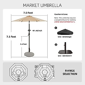 wikiwiki 7.5 FT Patio Umbrellas Outdoor Table Market Umbrella with Push Button Tilt/Crank,6 Sturdy Ribs, Fade Resistant Waterproof POLYESTER DTY Canopy for Garden, Lawn, Deck, Backyard & Pool