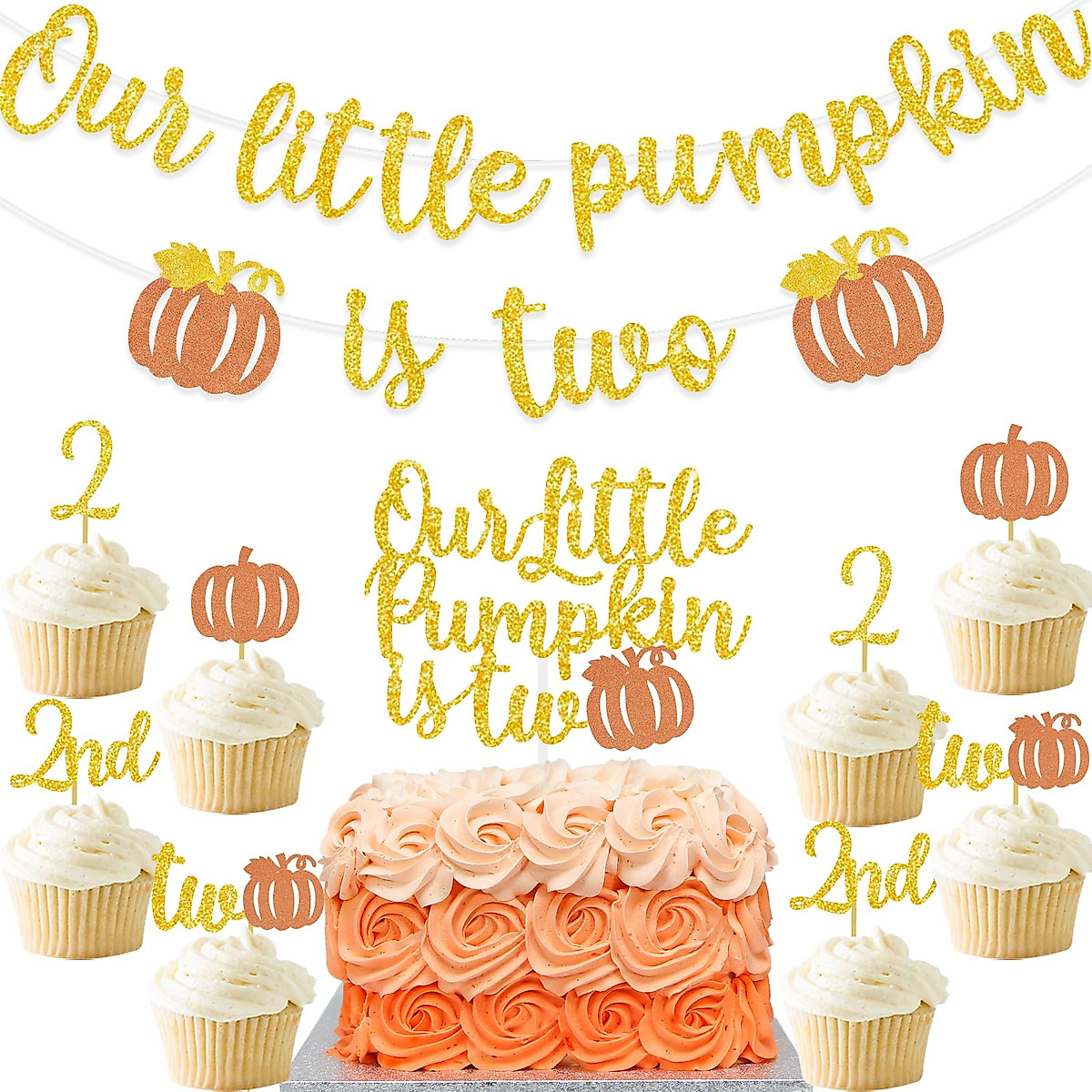 Fall Pumpkin 2nd Birthday Party Decoration Our Little Pumpkin Is Two Banner Cake Cupcake Topper Glitter Autumn Birthday Party Supplies
