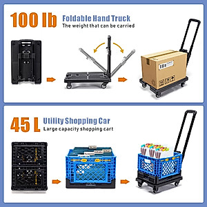 Foldable Shopping Cart Utility Grocery Cart Flat Cart Crate Portable Folding Cart Suitable for Shopping Luggage Grocery Office (Blue)