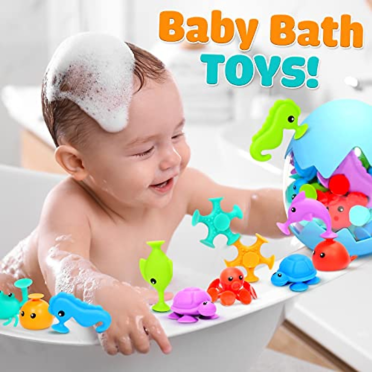 Suction Bath Toys for Kids - Fine Motor Window Toys, Silicone Ocean Animal Suction Cup Toys with Dinosaur Eggshell, Sensory Travel Toys for Toddlers, Great for Autism/ADD/ADHD.