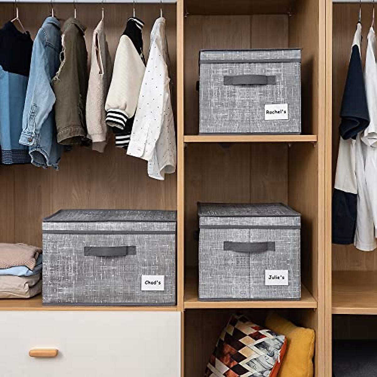 DOVAMY Fabric Storage Bins with Lids, Foldable Decorative Storage Boxes, Shelf Organizer for Closet, Storage Baskets, 15.7”L x 11.8”W x 9.8”H, Light Grey BDR0302