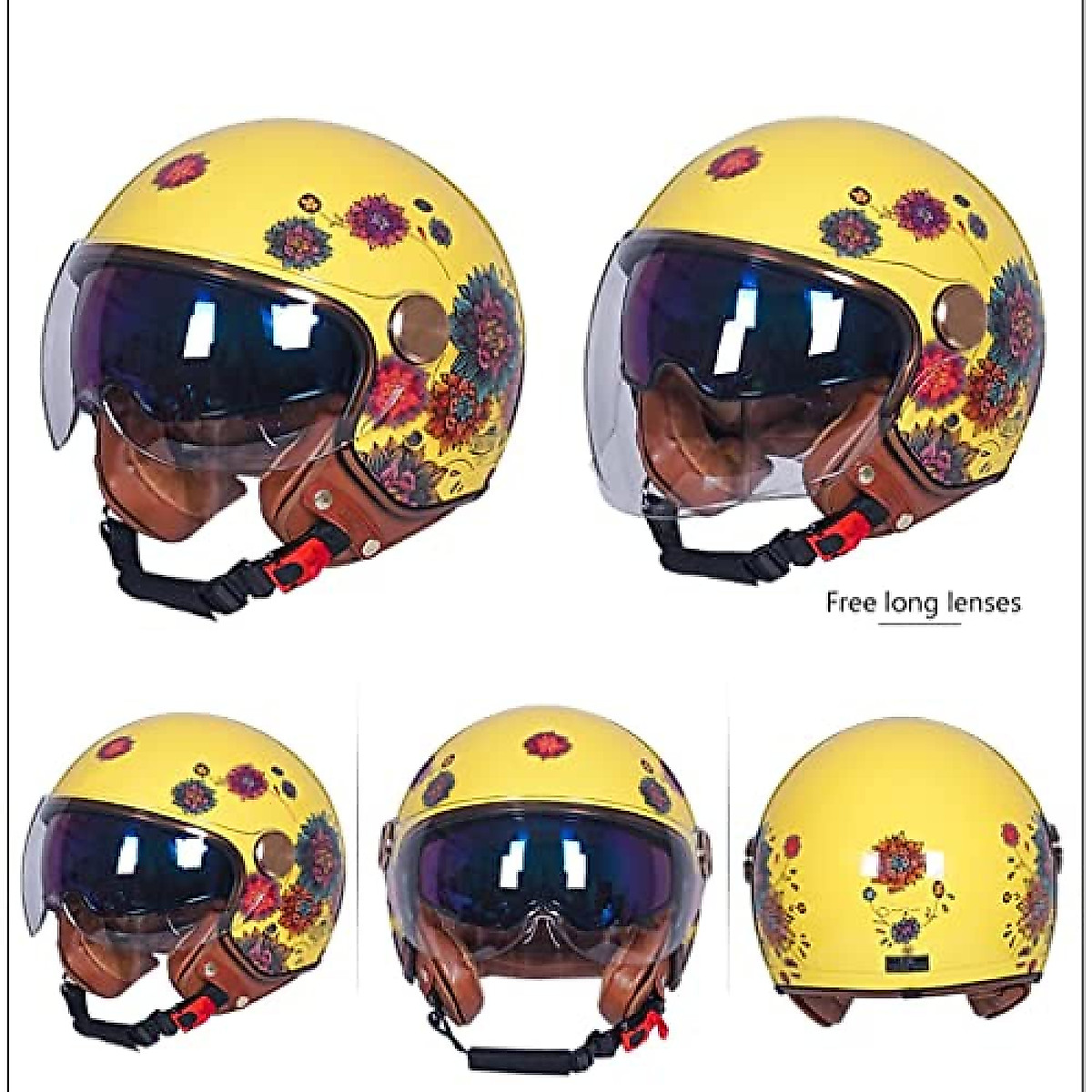 Retro Vespa Motorcycle Helmet ● with Cute Flower Pattern ● 3/4 Open-Face Woman Helmet ● DOT ECE Approved ● Men Street Lightweight Half Helmets ● Moped Cruiser Chopper Scooter Helmet