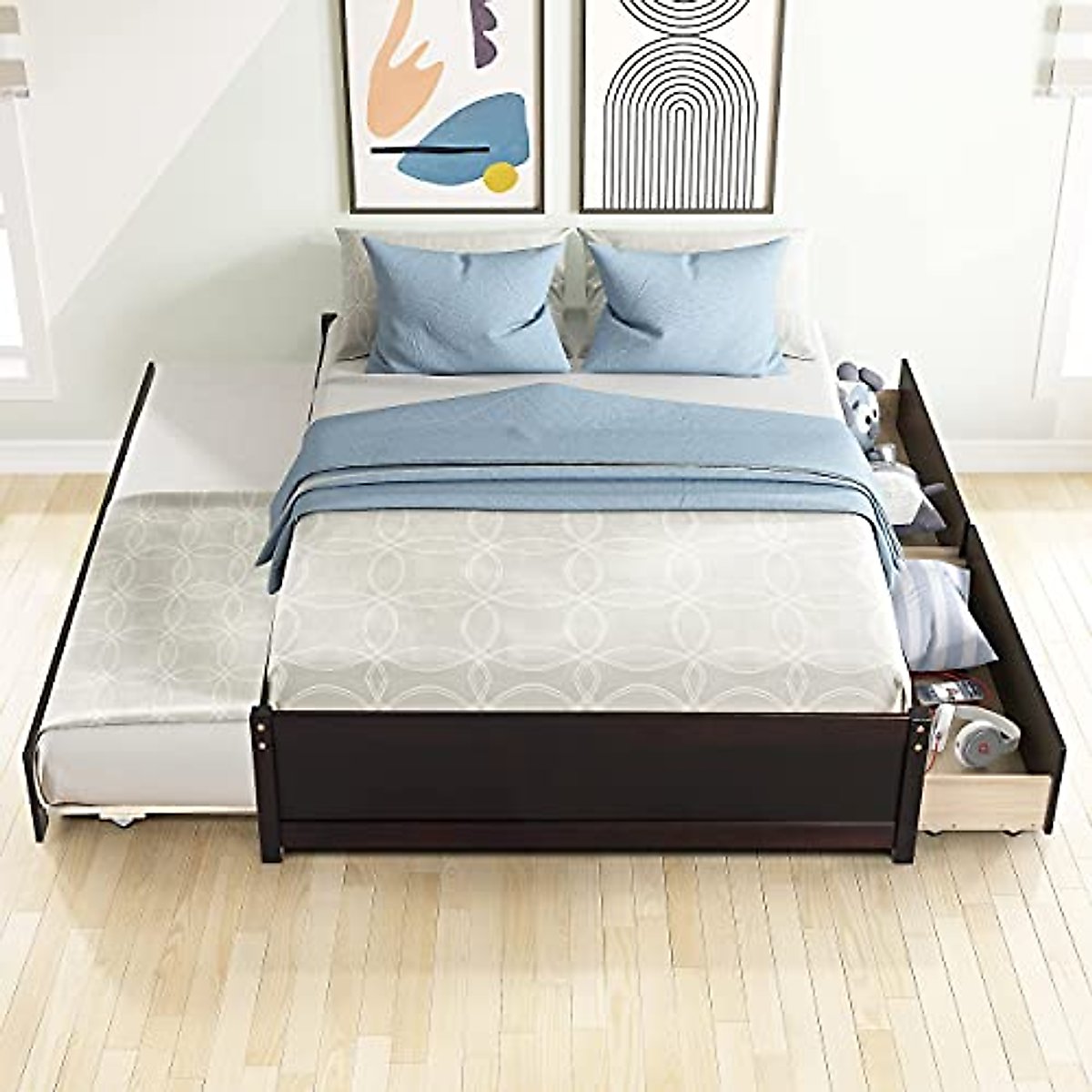 Full Size Bed Frame with Trundle and Storage, Platform Bed with Solid Wood Slat Support, Full Bed Frame with Twin Size Trundle Bed ＆ 2 Storage Drawers, Noise Free, No Box Spring Needed (Espresso)