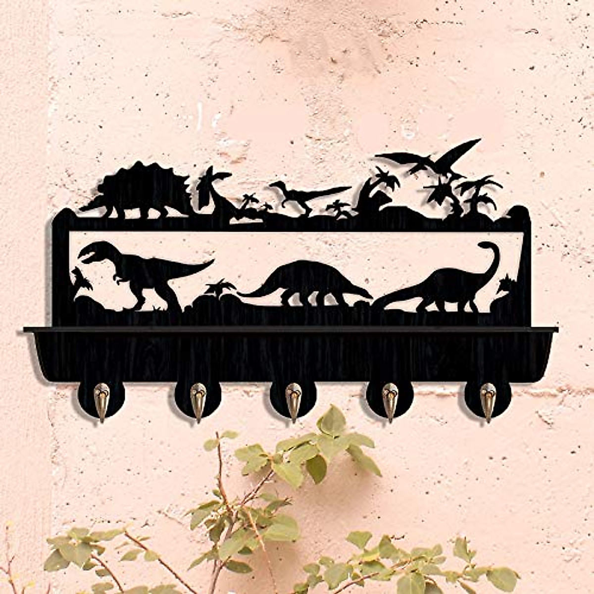 Dinosaur Wall-Mounted Coat Hooks Hat Rack with 5 Vintage Metal Hooks, Hat Rack and Upper Wooden Storage Shelf, Entryway, Kitchen, Bathroom, Living Room,16inch, Black,11lbs