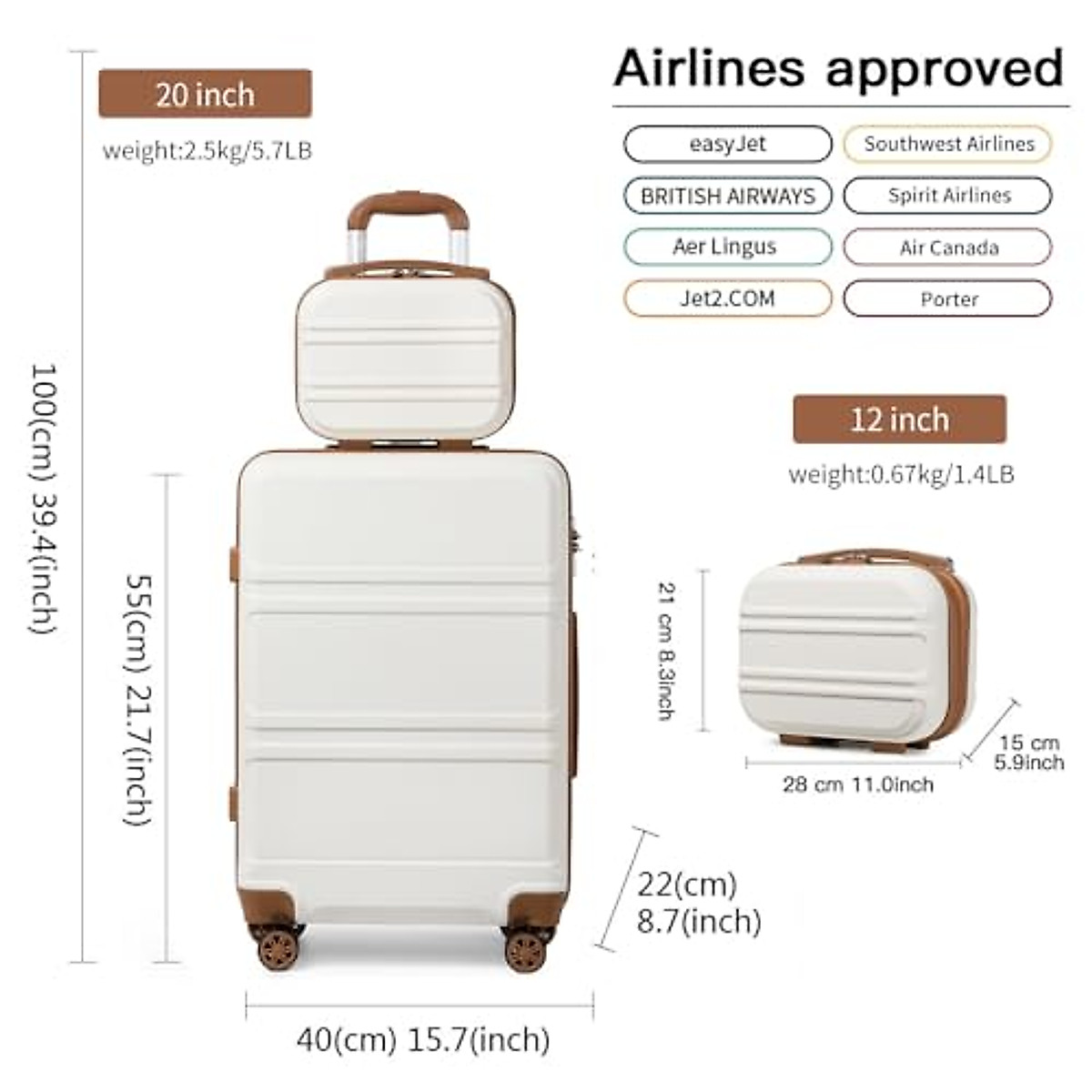 KONO 2 Piece Luggage Sets Lightweight, 20" Carry on Luggage and 12" Mini Cosmetic Cases Hardshell Suitcase Sets, Durable Hardside Suitcase with Spinner Wheels TSA Lock Cream White