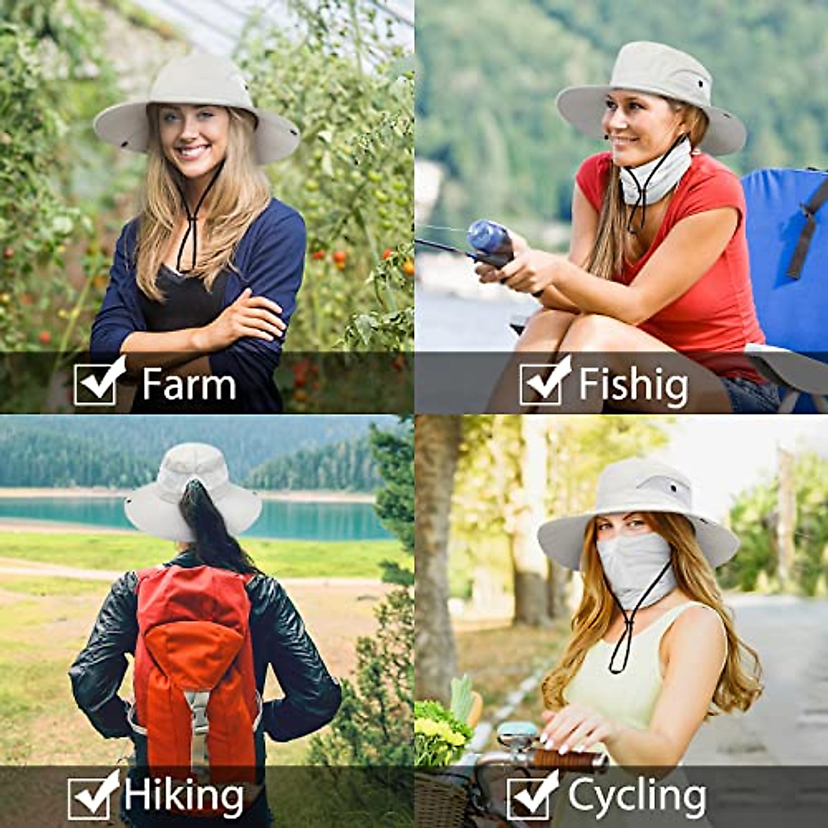 Sun Hats for Women Ponytail UV Protection Fishing Hat Outdoor Wide Brim Beach Hat Foldable Summer Bucket Hat Safari - Neck Gaiter 5*Hair Ties, A-Beige