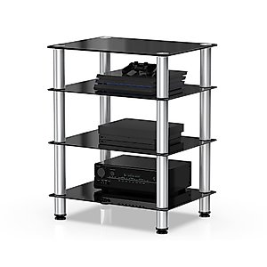 FITUEYES 4-Tier Media Stand Audio/Video Component Cabinet with Glass Shelf for/Apple Tv/Xbox One/ps4 Panda Silver Color