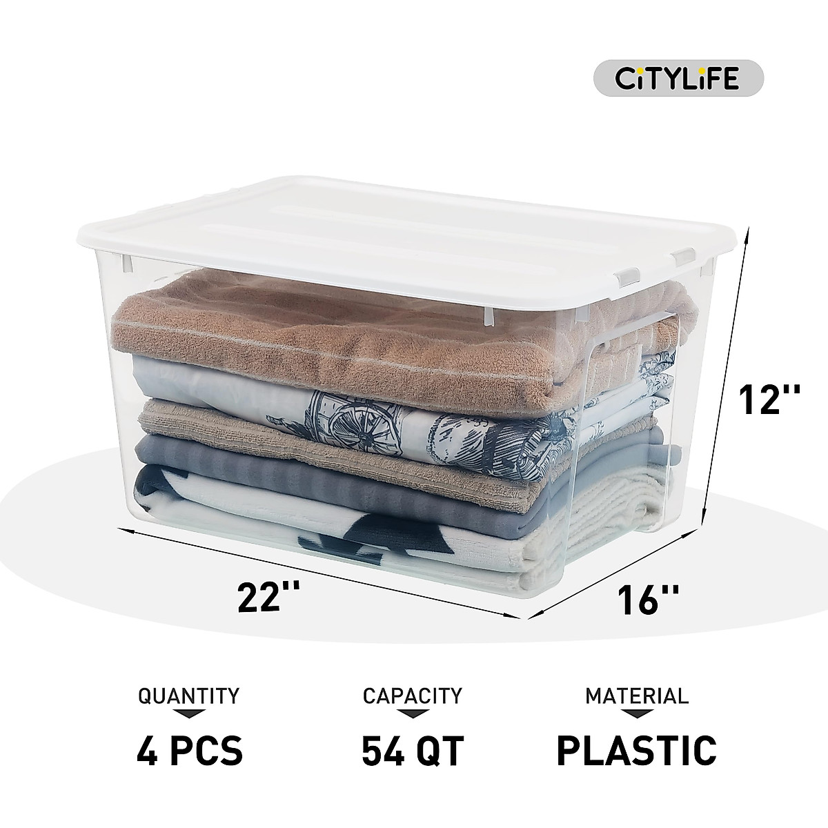 Citylife 54 Quart Stackable Storage Plastic Storage Box with Tight Locking Lid Clear Storage Box Chest, Plastic Container for Organizing Clothes in Closet, 4-Pack