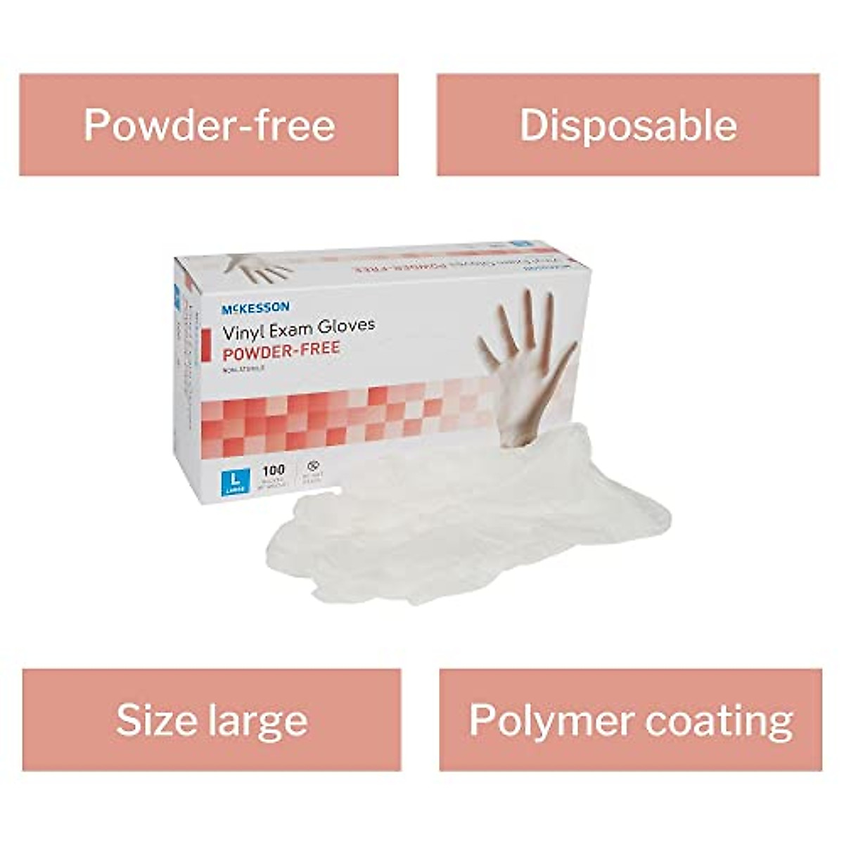 McKesson Vinyl Exam Gloves, Non-Sterile, Powder-Free, Large, 100 Count, 1 Box