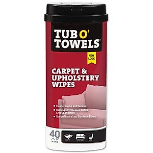 Tub O' Towels Carpet, Rug, and Upholstery Cleaning Wipes - Extra Strength Stain Remover, Odor-Fighting Power, Safe on Natural & Synthetic Fibers, 40-7” x 8” Wipes Per Tub, 1-Pack, Light Citrus Scent