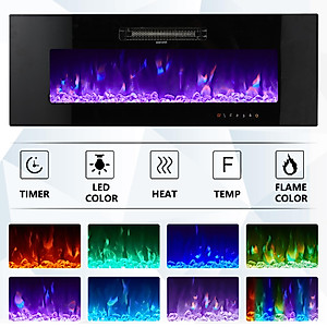 AMERLIFE Floating Fireplace TV Stand, Wall Mounted Mirrored Entertainment Center with 40" Electric Fireplace, Modern LED Lights Media Console for TVs Up to 90", White