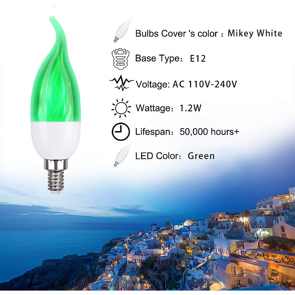 OHLGT E12 Flame Bulbs, 3 Mode LED Candelabra 2.0 Watt Green Chandelier Candle Light Bulbs, Flame Tip for Christmas Party Decorations（2 Packs）