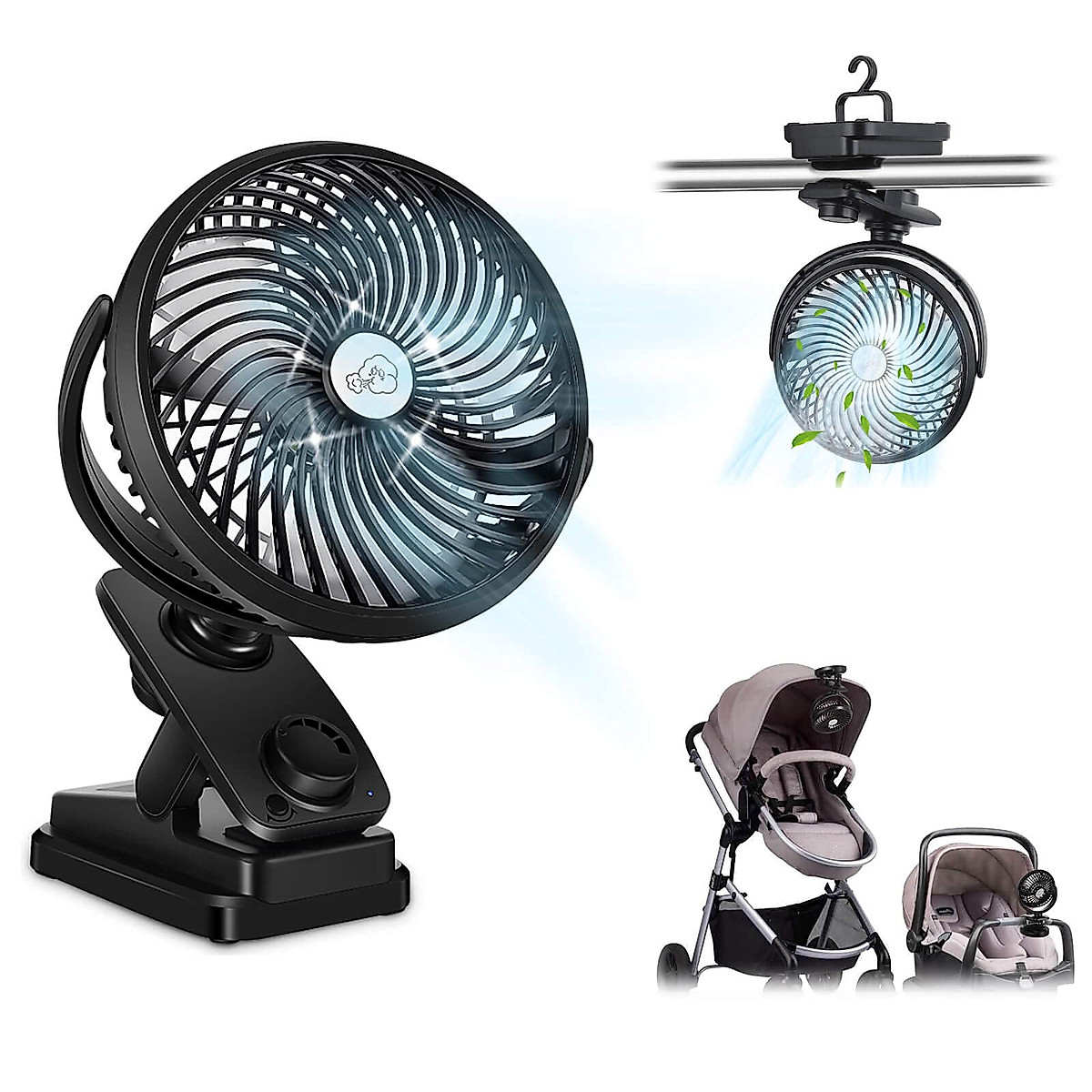 Baby Fan for Stroller, 10000mAh Rechargeable Battery Operated 7 Inch Clip On Fan, Auto Oscillating Golf Cart Fan, 360 Rotation Hanging Desk Fan for Baby Car Travel Home Office Camping Library