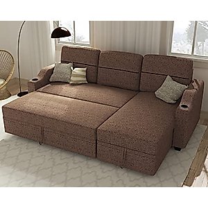 Ucloveria Reversible Sectional Sofa Couch, 82" Sleeper Sofa Bed with Storage Chaise Pull Out Couch Bed for Living Room L-Shape Lounge 2 in 1 Sectional Couch with Cup Holder, Yellow Brown