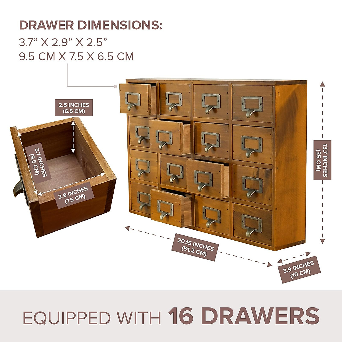 Card Catalog Desk Drawer Organizer - Wooden Storage Box with 16 Drawers - Home Office Desk Organizer Curio Cabinet - Rustic Drawers Dressers for Countertop- Apothecary Cabinet Tea Coffee Pod Storage