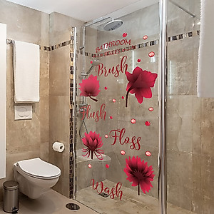 Set of Bathroom Wall Decals Stickers Wash Brush Flush Floss Bathroom Rules Wall Decor Sticker Waterproof Flower Sign Sticker for Bathroom Kitchen Home DIY Decorations