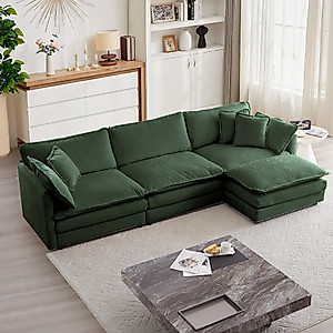 mikibama Modular Sectional Sofa, 111.5 Inch L Shaped Couch Set for Living Room, 3-Seater Comfy Cloud Couches with Movable Ottoman, DIY Combination, Chenille, Evergreen